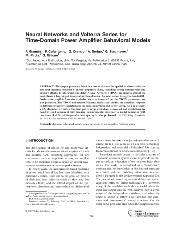 (PDF) Neural networks and volterra series for time-domain power amplifier behavioral models