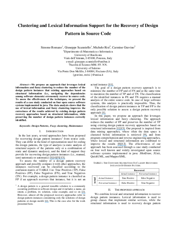 (PDF) Clustering and lexical information support for the recovery of design pattern in source code