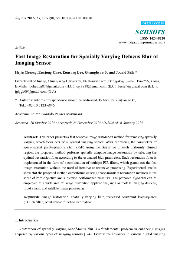 (PDF) Fast image restoration for spatially varying defocus blur of imaging sensor