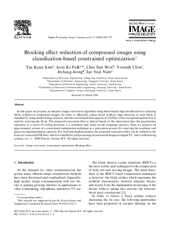 Pdf Blocking Effect Reduction Of Compressed Images Using Classification Based Constrained