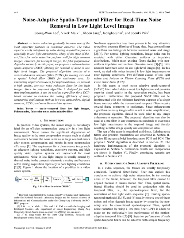 Pdf Noise Adaptive Spatio Temporal Filter For Real Time Noise Removal