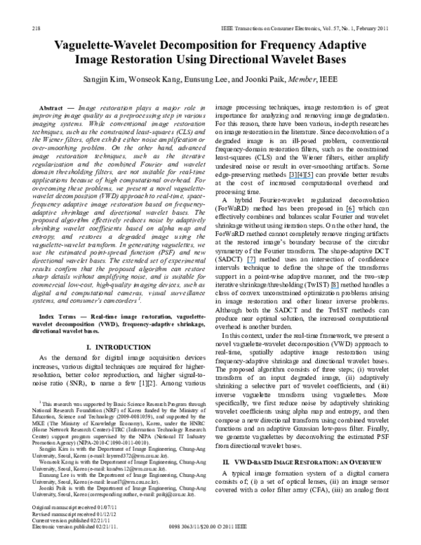 Pdf Vaguelette Wavelet Decomposition For Frequency Adaptive Image Restoration Using