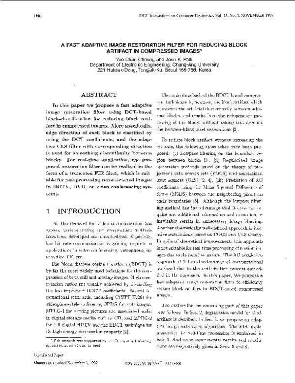 (PDF) A fast adaptive image restoration filter for reducing block artifact in compressed images