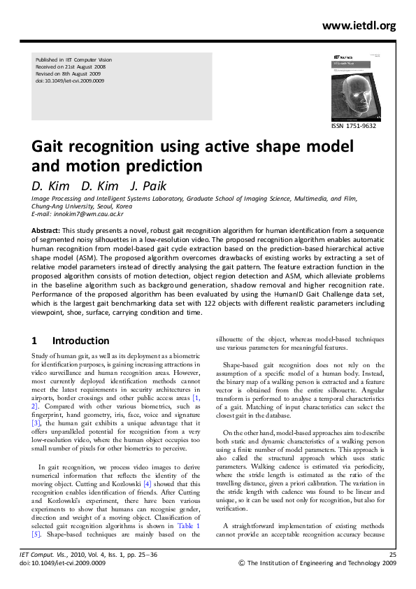 (PDF) Gait recognition using active shape model and motion prediction