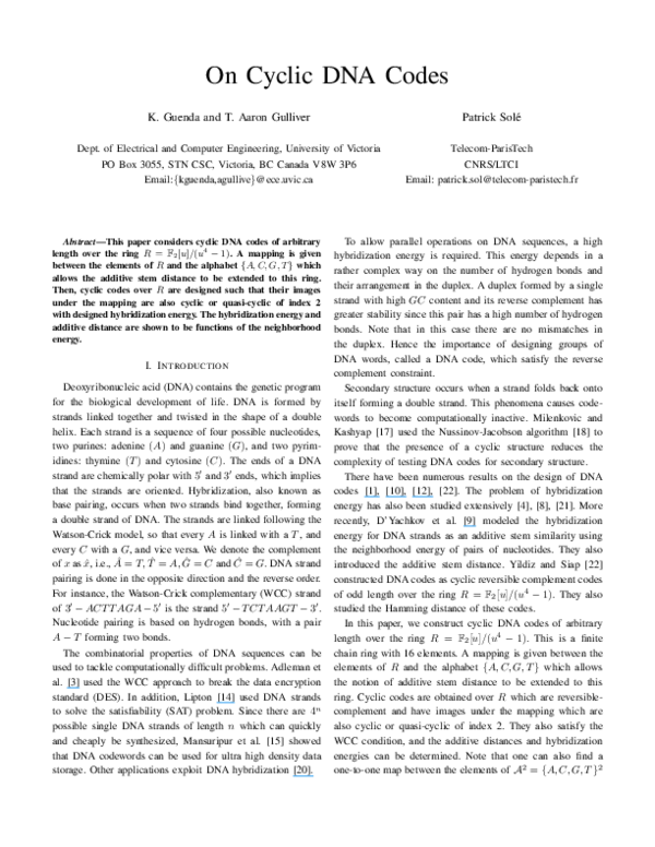 (PDF) On cyclic DNA codes
