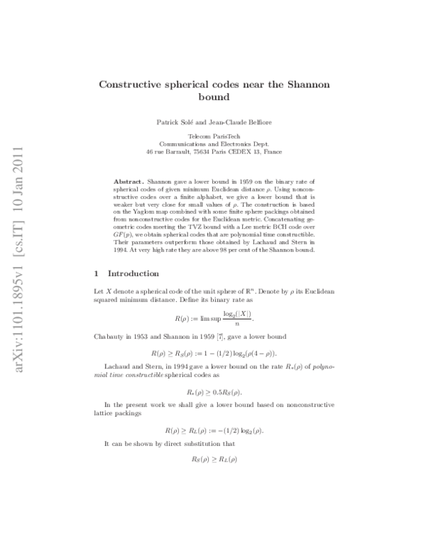 Pdf Constructive Spherical Codes Near The Shannon Bound Patrick Sole