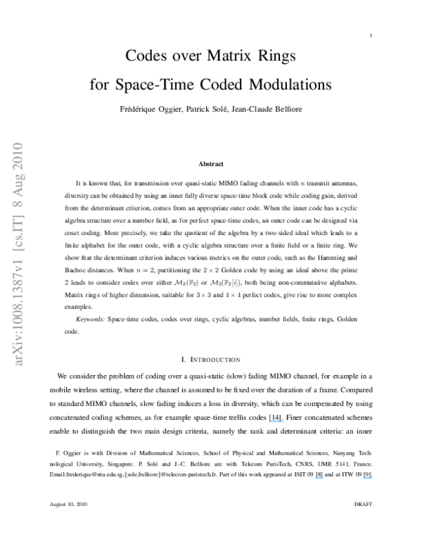 (PDF) Codes Over Matrix Rings for Space-Time Coded Modulations | Patrick Sole - Academia.edu