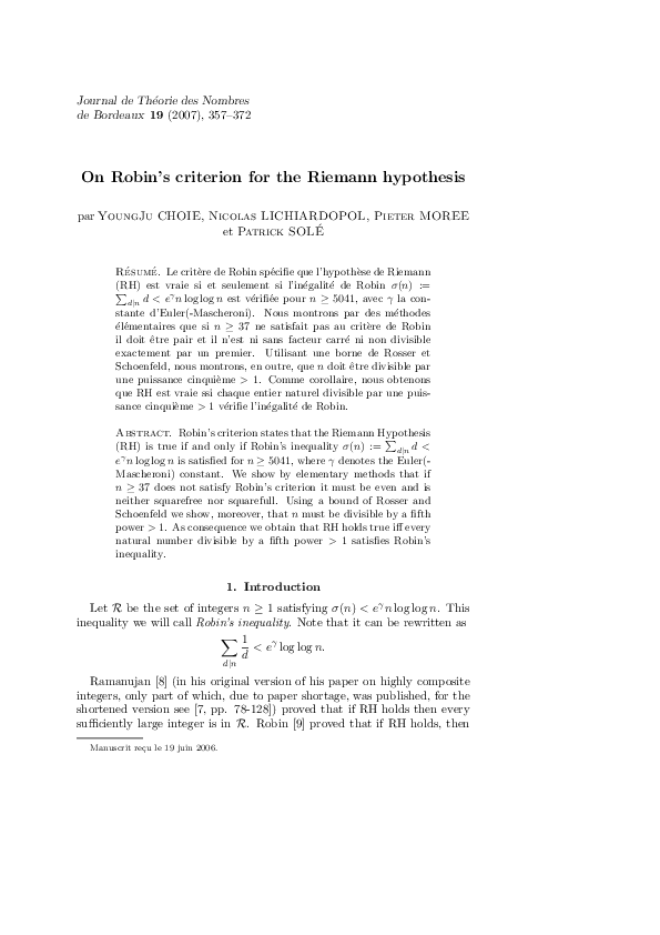 (PDF) On Robin’s criterion for the Riemann hypothesis