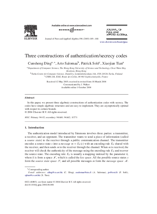 (PDF) Three constructions of authentication/secrecy codes