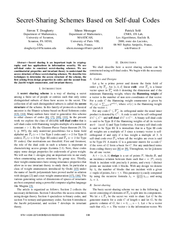 (PDF) Secret-sharing schemes based on self-dual codes