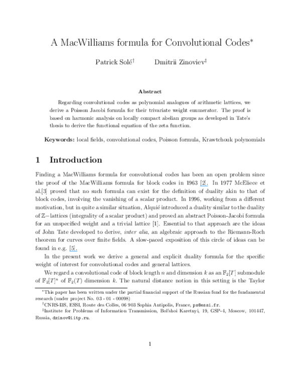 (PDF) A MacWilliams formula for Convolutional Codes