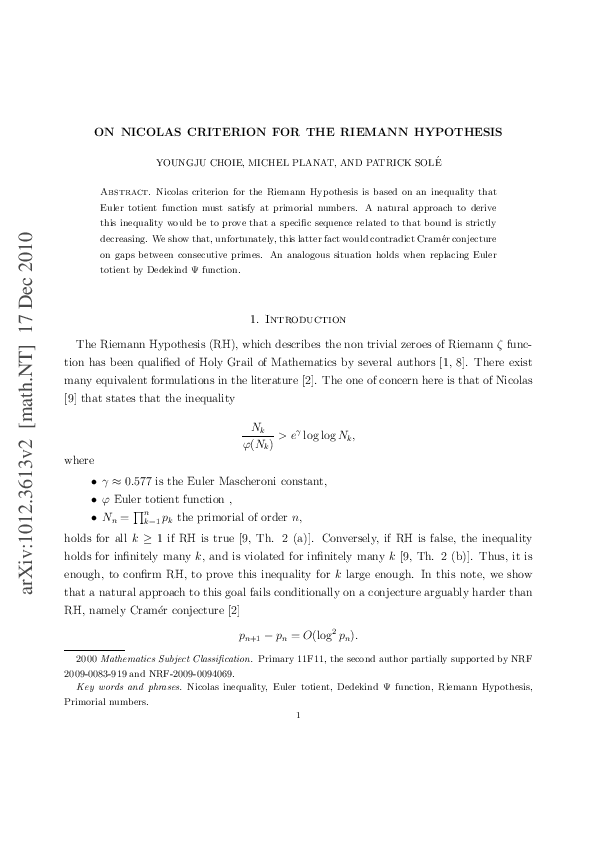 (PDF) On Nicolas criterion for the Riemann Hypothesis