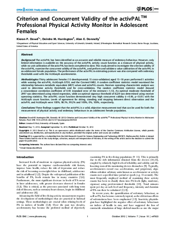 (PDF) Criterion and Concurrent Validity of the activPAL™ Professional ...