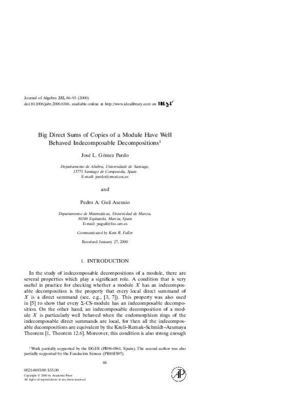 (PDF) Big Direct Sums of Copies of a Module Have Well Behaved Indecomposable Decompositions