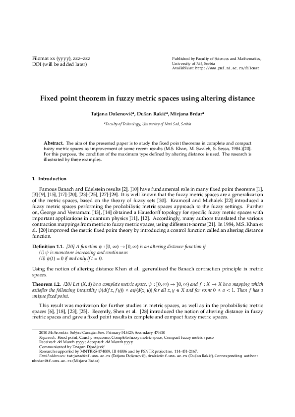 Pdf Fixed Point Theorem In Fuzzy Metric Spaces Using Altering Distance