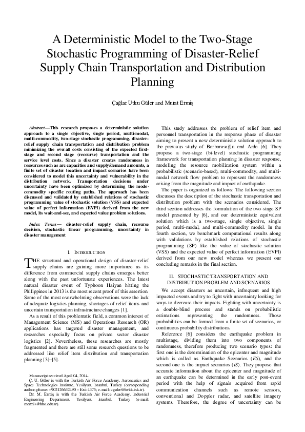 Pdf A Deterministic Model To The Two Stage Stochastic Programming Of Disaster Relief Supply