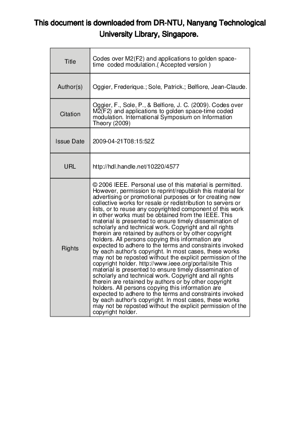 (PDF) Codes over M 2 (F 2 ) and applications to Golden space-time coded ...