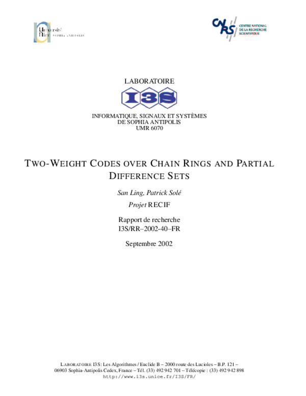 (PDF) Two-Weight Codes over Chain Rings and Partial Difference Sets