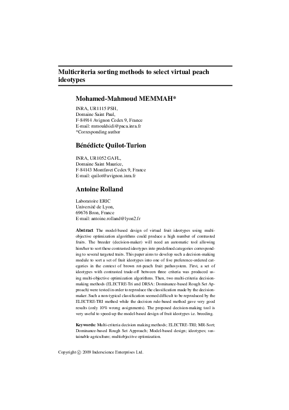 (PDF) Multi-criteria sorting methods to select virtual peach ideotypes | Bénédicte Quilot-turion ...