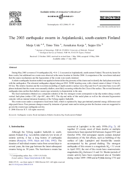 (PDF) The 2003 earthquake swarm in Anjalankoski, south-eastern Finland