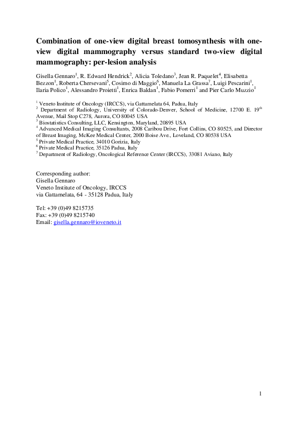 (PDF) Combination of one-view digital breast tomosynthesis with one-view digital mammography ...