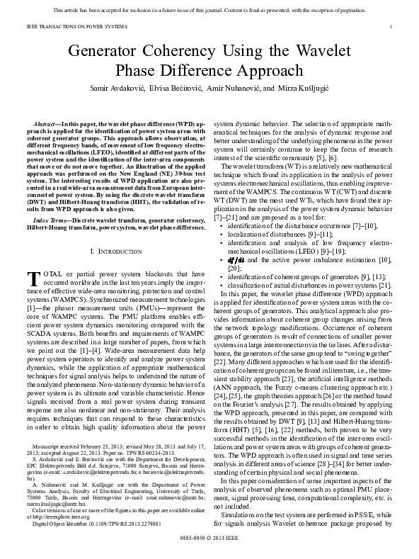 (PDF) Generator Coherency Using the Wavelet Phase Difference Approach