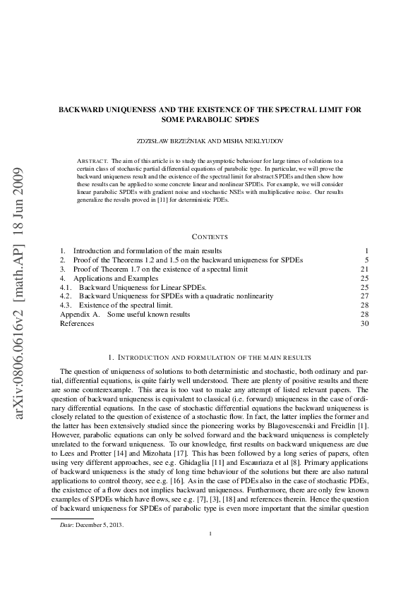(PDF) BACKWARD UNIQUENESS AND THE EXISTENCE OF THE SPECTRAL LIMITFOR SOME PARABOLIC SPDES