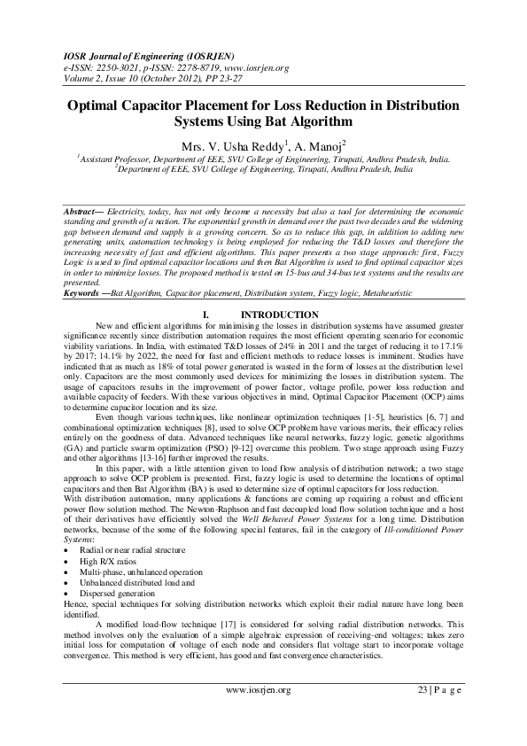 Pdf Optimal Capacitor Placement For Loss Reduction In Distribution Systems Using Bat Algorithm