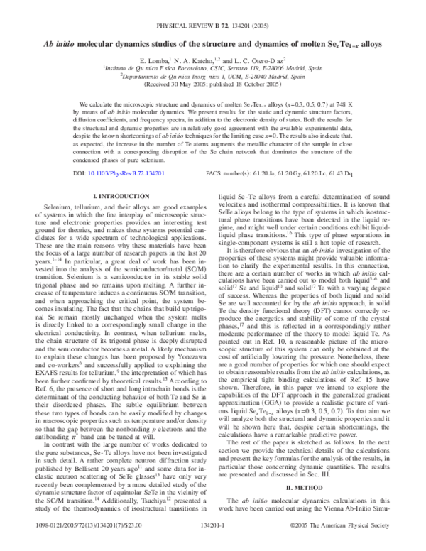 (PDF) Ab initio molecular dynamics studies of the structure and dynamics of molten SexTe1−x alloys
