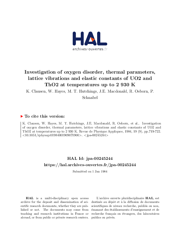 (PDF) Investigation of oxygen disorder, thermal parameters, lattice ...