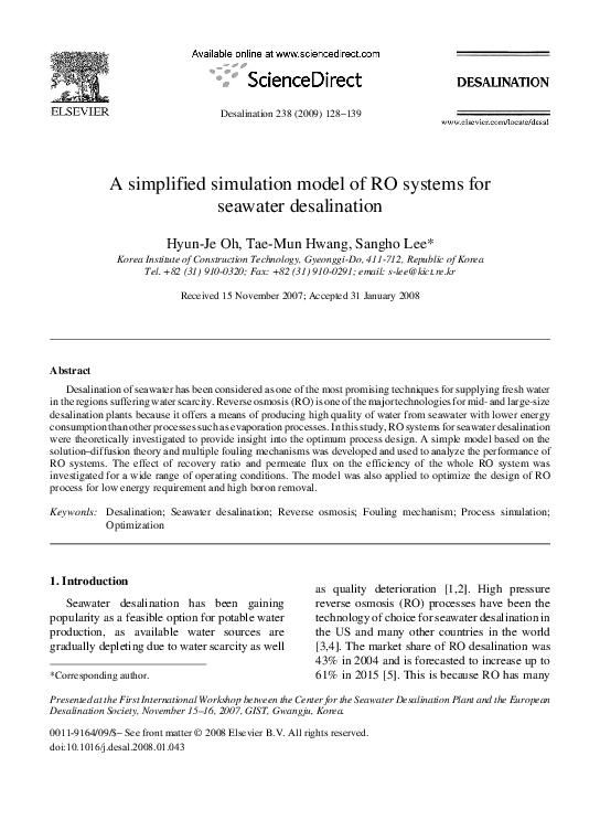 (PDF) A simplified simulation model of RO systems for seawater desalination
