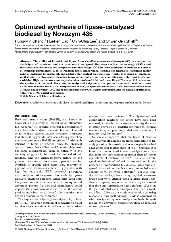 (PDF) Optimized synthesis of lipase-catalyzed biodiesel by Novozym 435