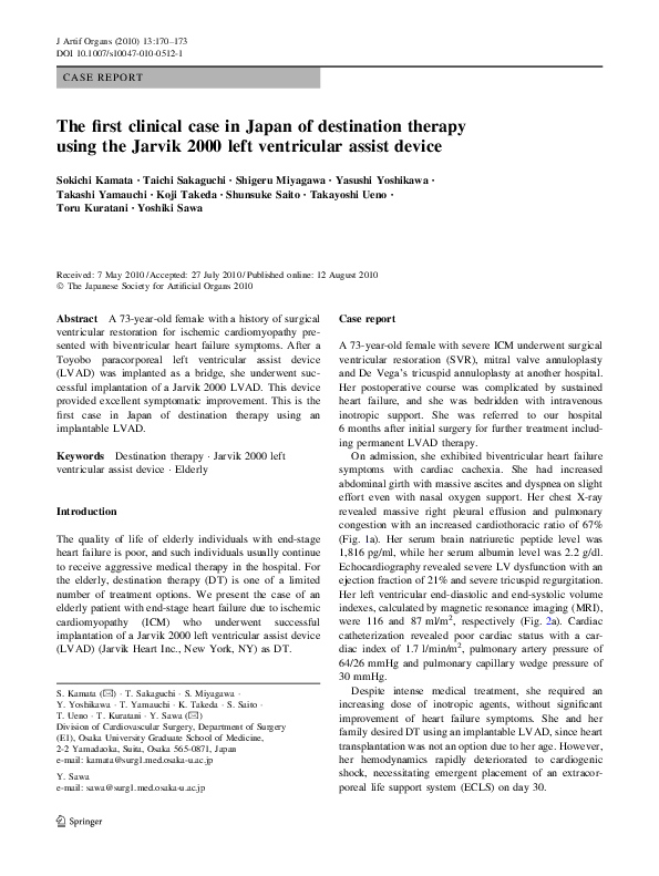 (PDF) The first clinical case in Japan of destination therapy using the Jarvik 2000 left ...