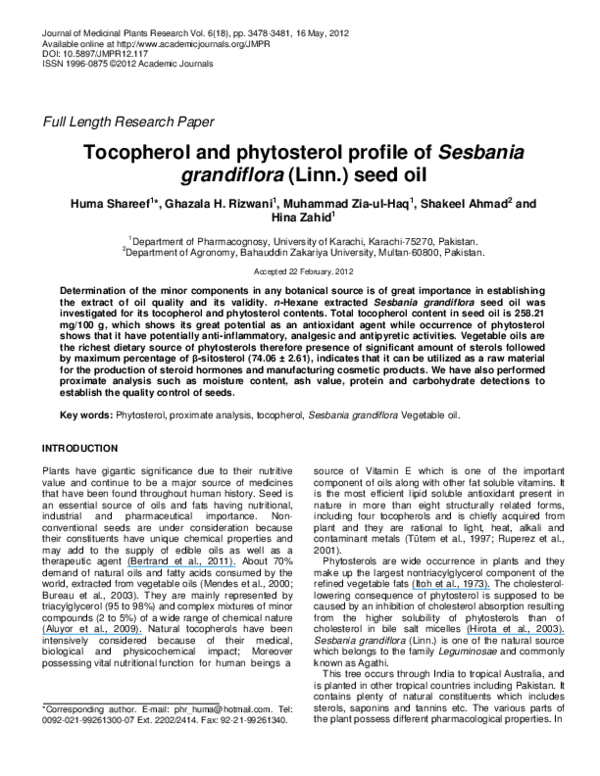 (PDF) Tocopherol and phytosterol profile of Sesbania grandiflora (Linn.) seed oil