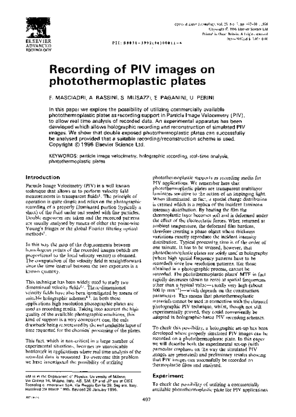 (PDF) Recording of PIV images on photothermoplastic plates