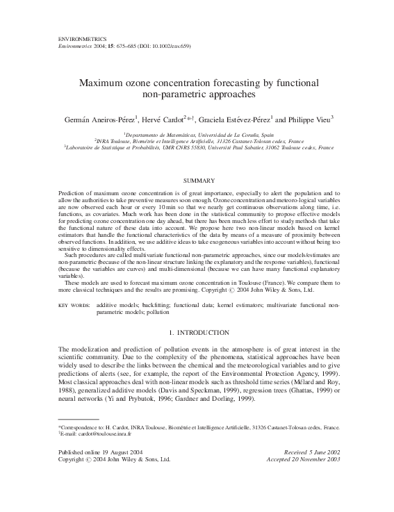 Pdf Maximum Ozone Concentration Forecasting By Functional Non Parametric Approaches