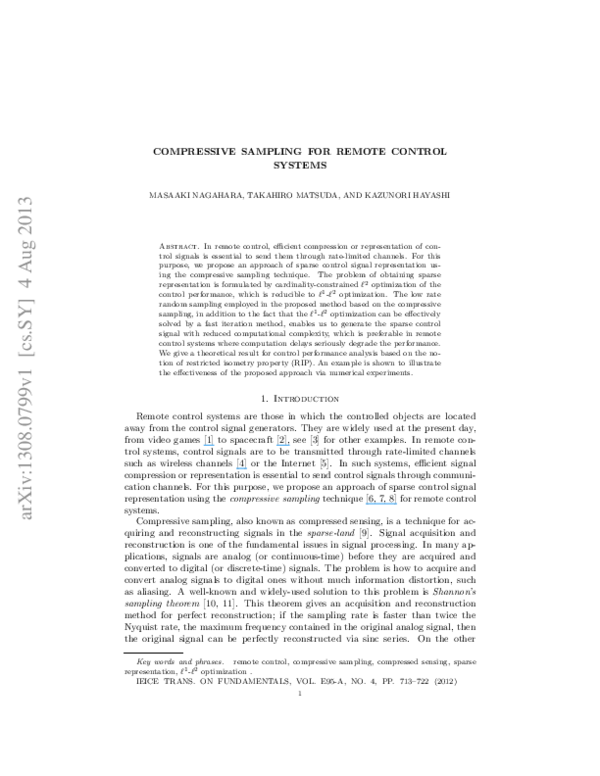 (PDF) Compressive Sampling for Remote Control Systems