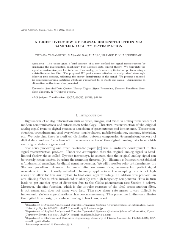 (PDF) A brief overview of signal reconstruction via sampled-data H ∞ optimization