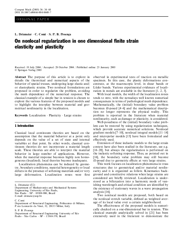 (PDF) On nonlocal regularization in one dimensional finite strain elasticity and plasticity