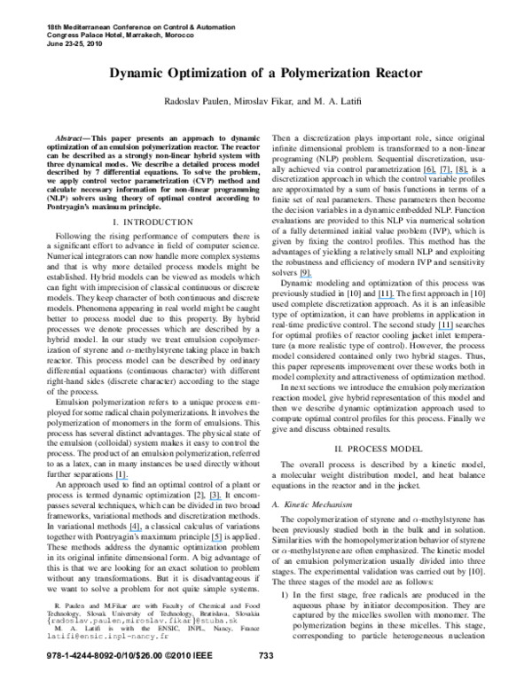 Pdf Dynamic Optimization Of A Polymerization Reactor