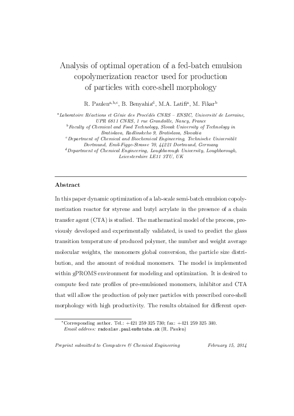 (PDF) Analysis of optimal operation of a fed-batch emulsion copolymerization reactor used for ...