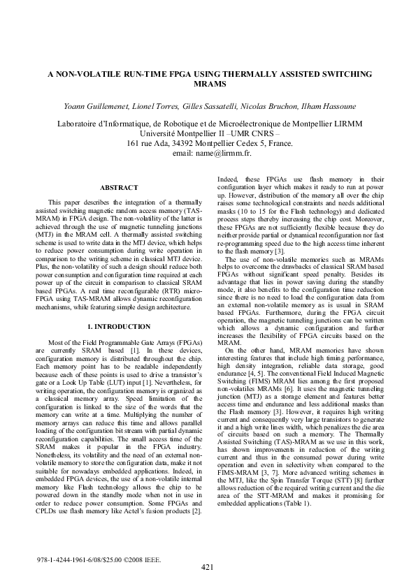 (PDF) A non-volatile run-time FPGA using thermally assisted switching MRAMS