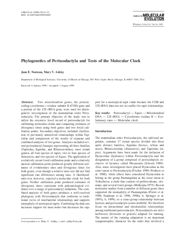 (PDF) Phylogenetics of Perissodactyla and tests of the molecular clock