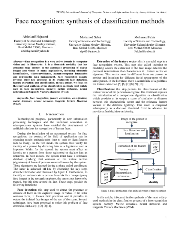 (PDF) Face recognition: synthesis of classification methods