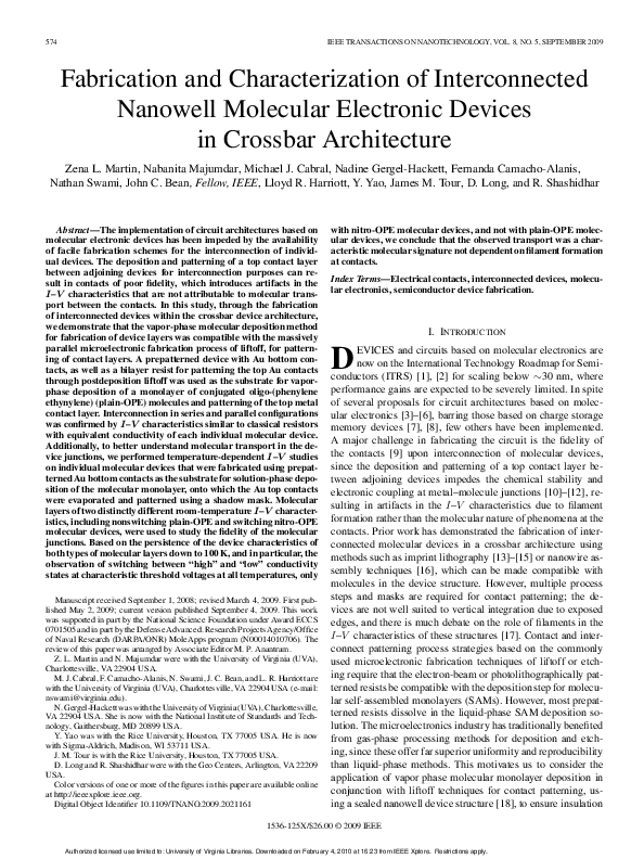 Pdf Fabrication And Characterization Of Interconnected Nanowell Molecular Electronic Devices