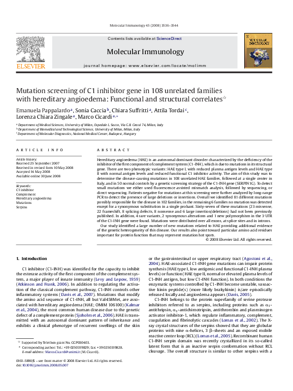 (PDF) Mutation screening of C1 inhibitor gene in 108 unrelated families ...