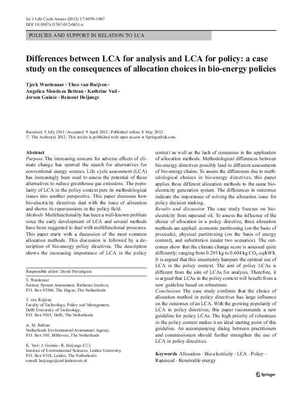 (PDF) Differences between LCA for analysis and LCA for policy: a case ...