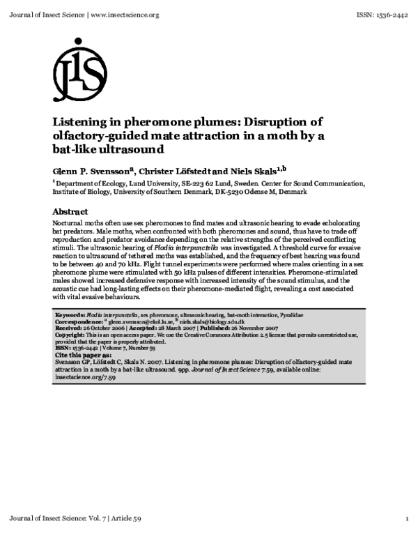 Pdf Listening In Pheromone Plumes Disruption Of Olfactory Guided Mate Attraction In A Moth By
