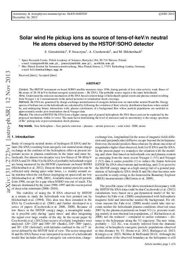 (PDF) Solar wind He pickup ions as source of tens-of-keV/n neutral He atoms observed by the ...