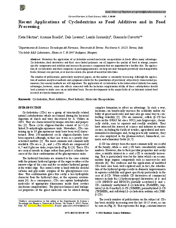 (PDF) Recent Applications of Cyclodextrins as Food Additives and in ...